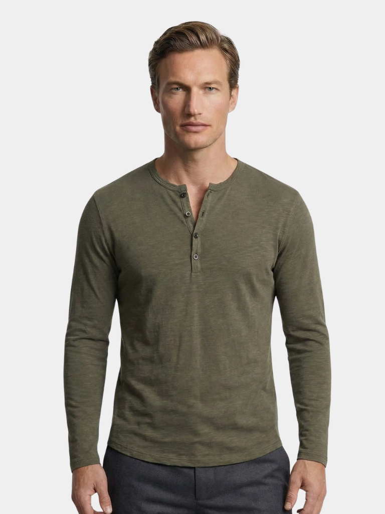 Casual Henry Neck Long Sleeve T-Shirt - Cross & Crown - Cross & Crown